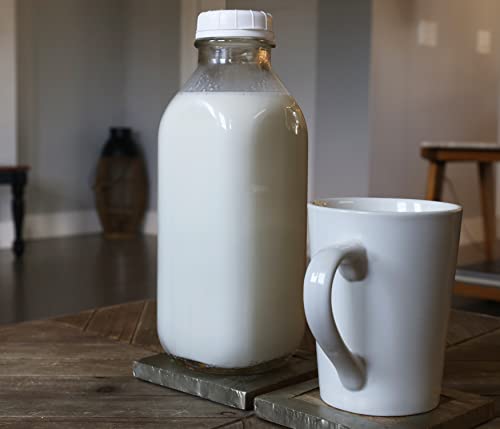 The Dairy Shoppe Heavy Glass Milk Bottle Jugs with Lids and Pour Spouts (2 pack, Liter/33.8 oz)