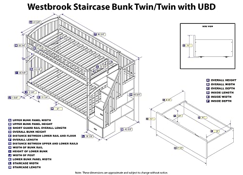 AFI Westbrook Staircase Bunk Twin Over Twin with Turbo Charger and Urban Bed Drawers in White
