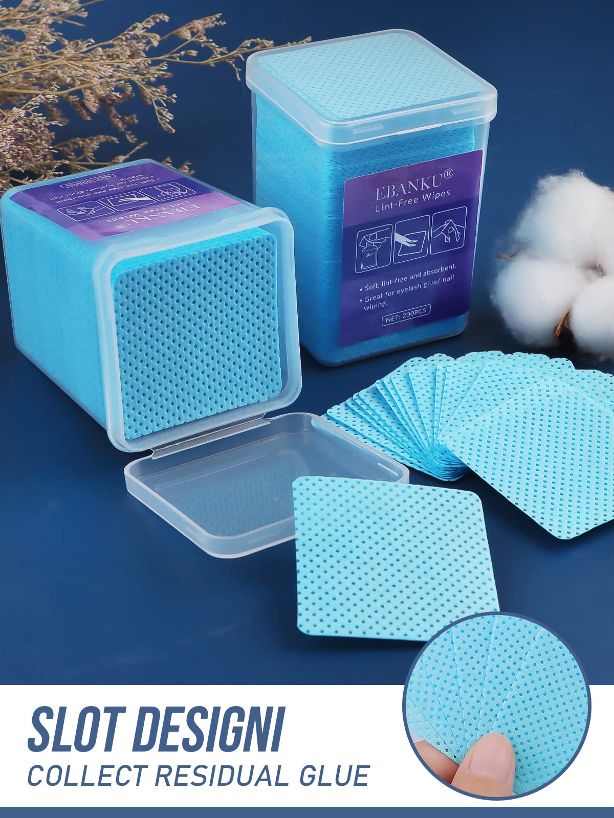 400PCS Lint Free Nail Wipes Glue Wipes Lash Extensions EBANKU Soft Blue Lash Glue Nail Polish Remover Cotton Pads Eyelash Extension Supplies