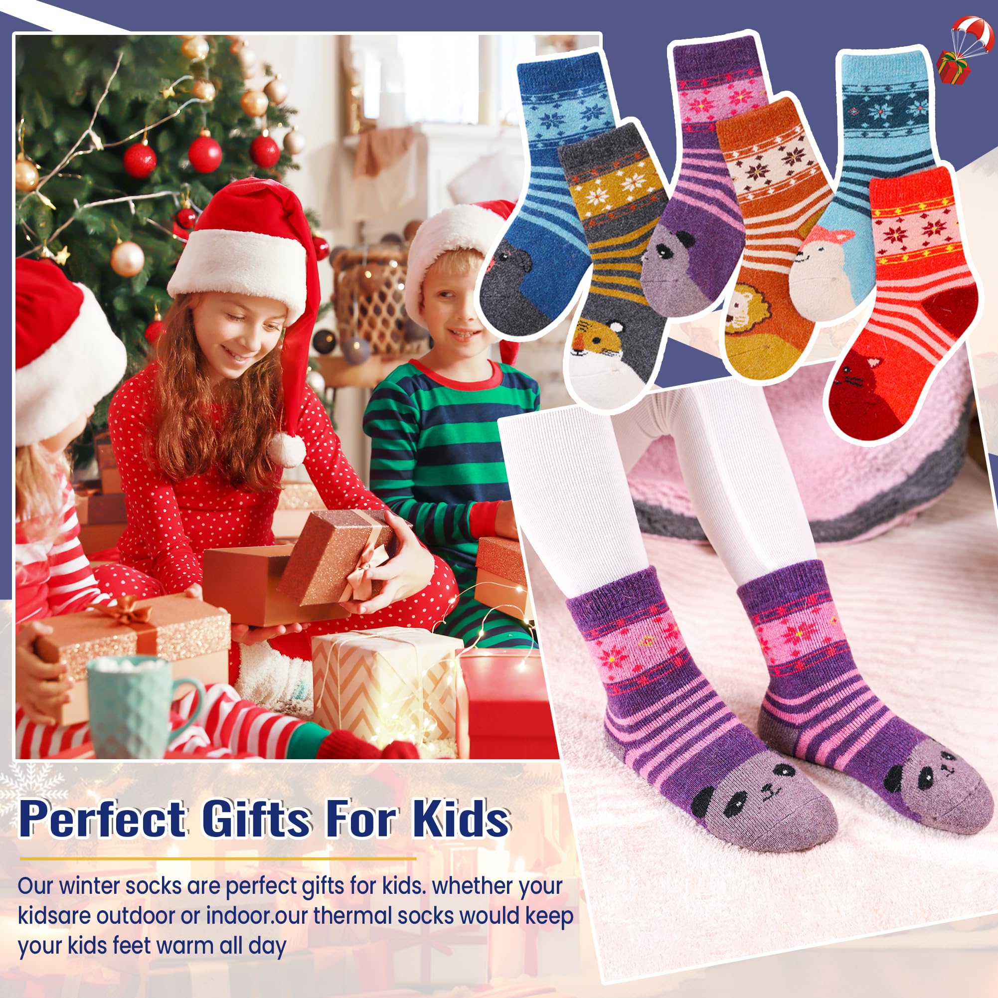 Eocom 6 Pairs Children's Winter Warm Wool Socks Kids Toddlers Boys Girls Thermal Thick Boot Cozy Crew Socks (8-12 Years, Snowflake Animal)