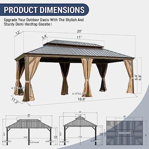12' x 20' Hardtop Gazebo Outdoor Aluminum Gazebos with Galvanized Steel Double Canopy for Patios Deck Backyard,with Curtains&Netting by domi outdoor living Brown