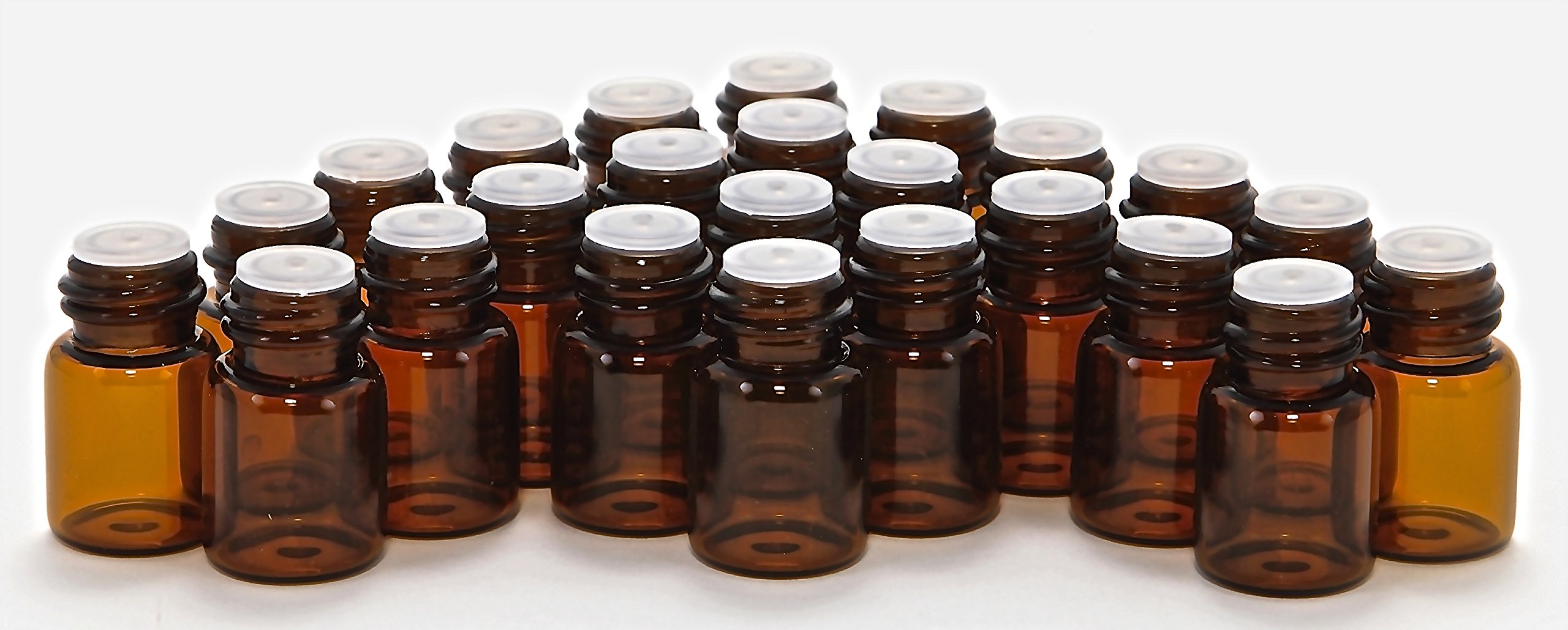 24, Amber, 2 ml (5/8 Dram) Glass Bottles, with Orifice Reducers and Black Caps