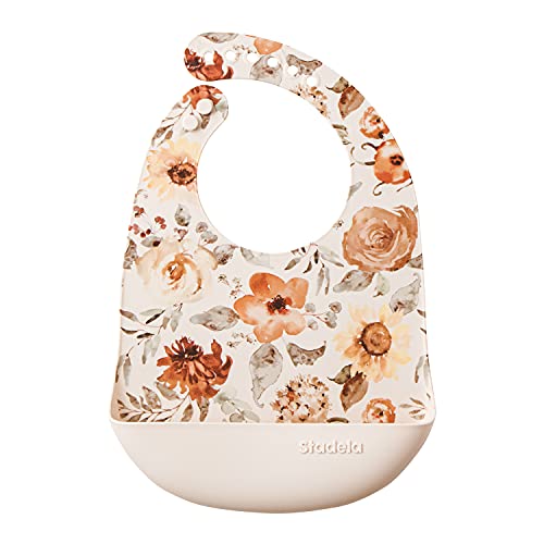 Stadela Baby Silicone Feeding Bib, Waterproof Adjustable, Baby Girl, Floral Bohemian Print with Flowers