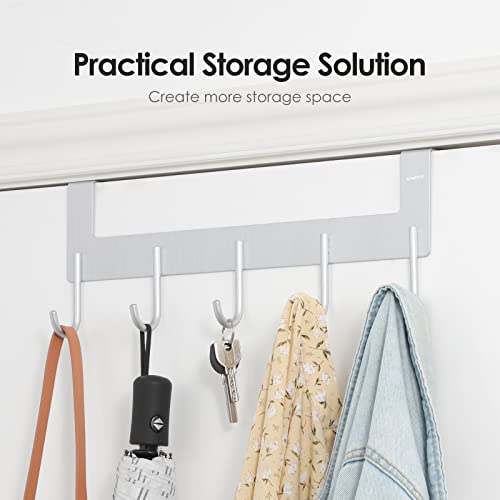ACMETOP Over The Door Hooks, Aluminum Door Hanger Hook with 5 Coat Hooks for Hanging, Heavy Duty Over The Door Coat Rack for Towel, Bag, Robe, Back of Bathroom, Silver