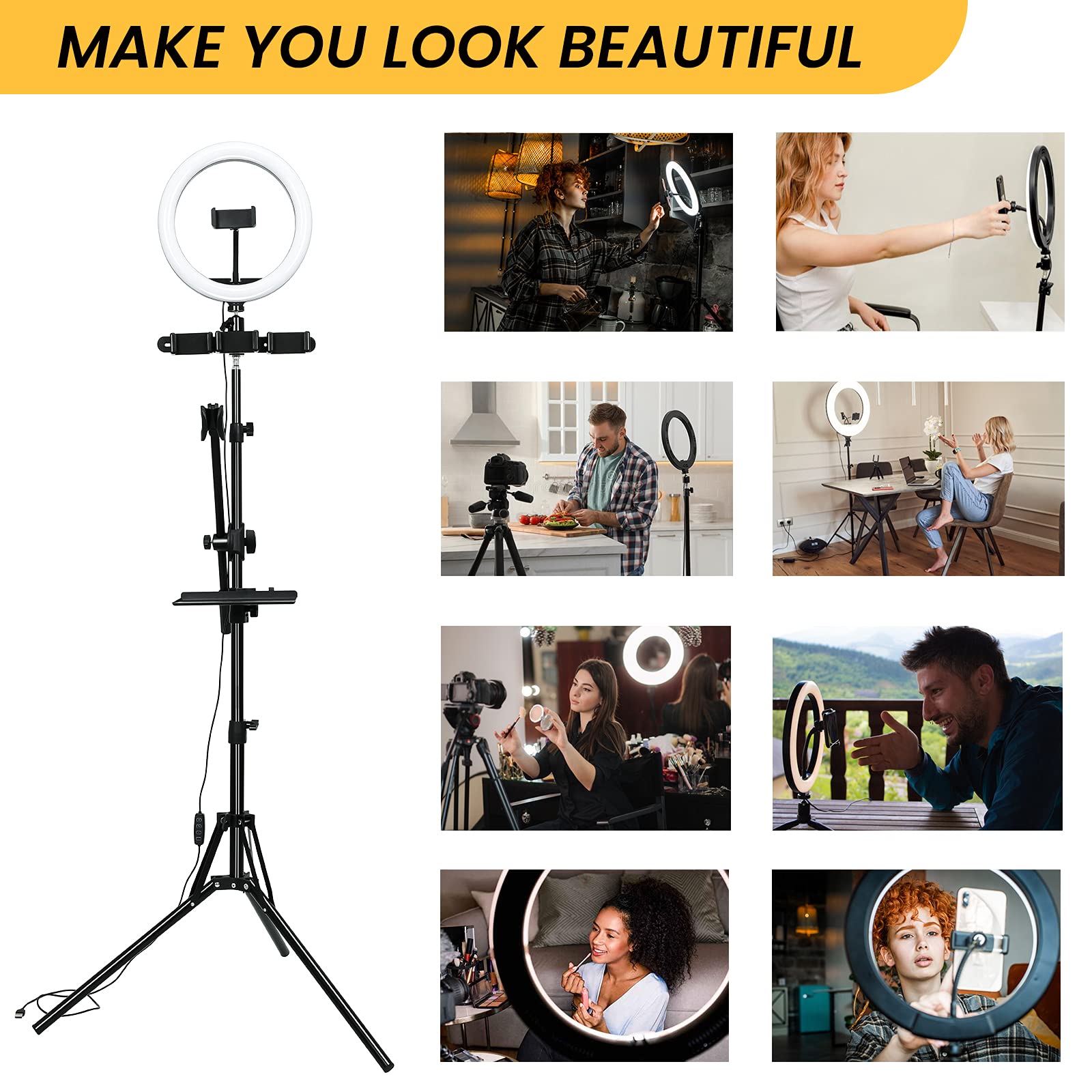 10'' LED Ring Light with 60'' Extendable Tripod Stand Circle Selfie Ring Light with Phone Holder Camera Make-up Ring Light for Video Recording Live Streaming for Smartphone, Camera, Tiktok, YouTube