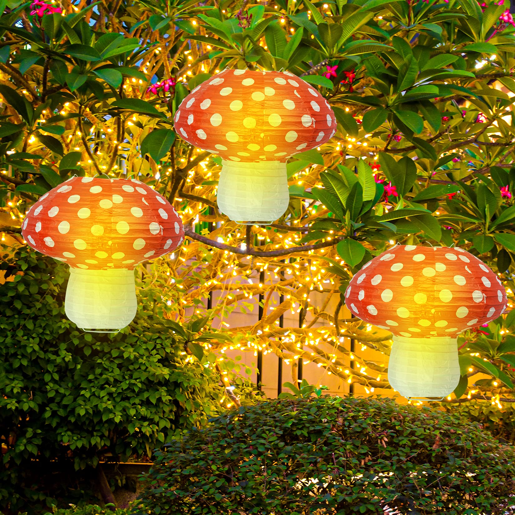 3pcs Mushroom Shaped Paper Lanterns 3D Foldable Hanging Lanterns Halloween Ornament Backdrop for Jungle Wonderland Theme Birthday Wedding Party Fairy Baby Shower Garden Decor (Red, 7.9 inch)