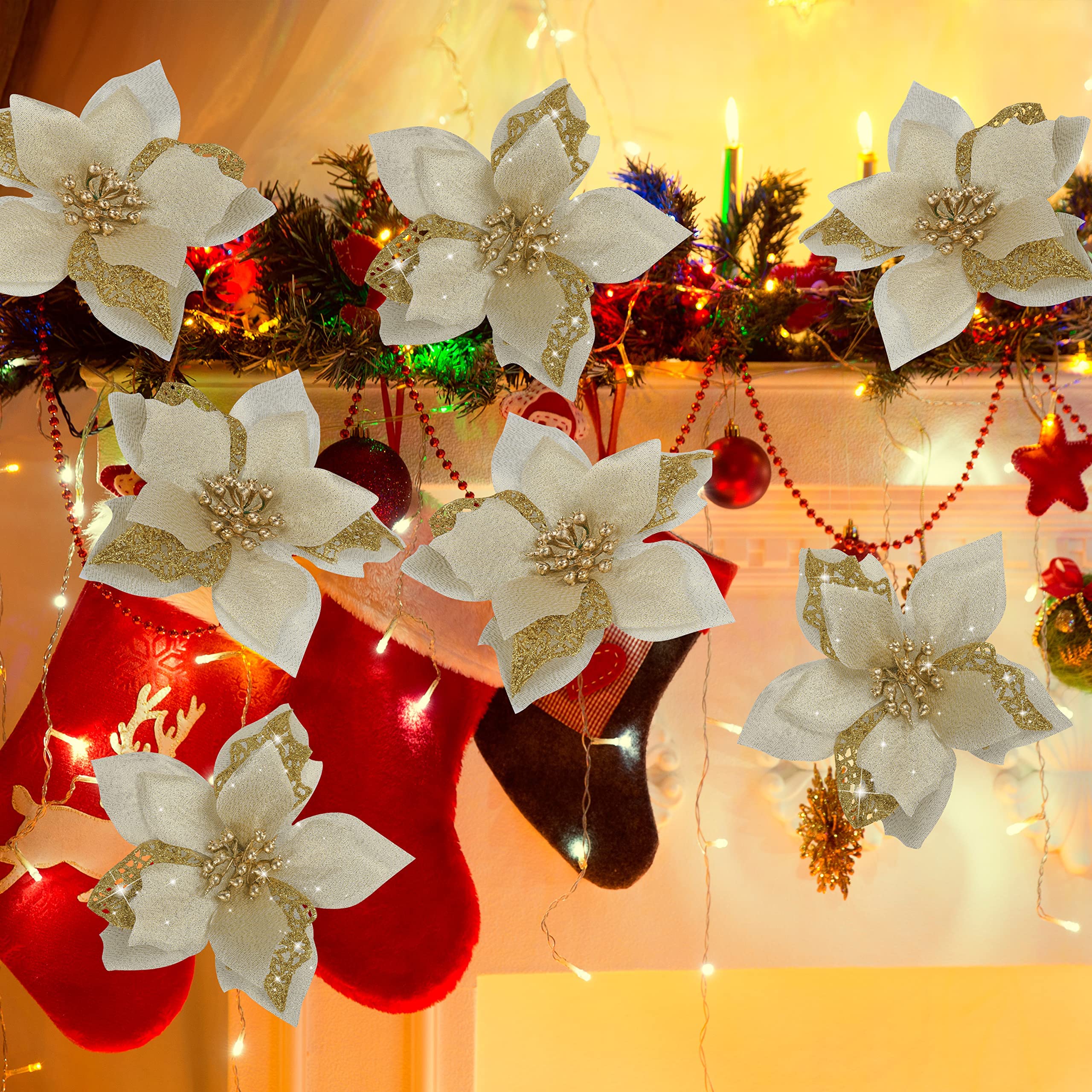12-Pack 5.9'' Gold Glitter Poinsettia Artificial Flowers - Christmas Tree Decorations with Clips