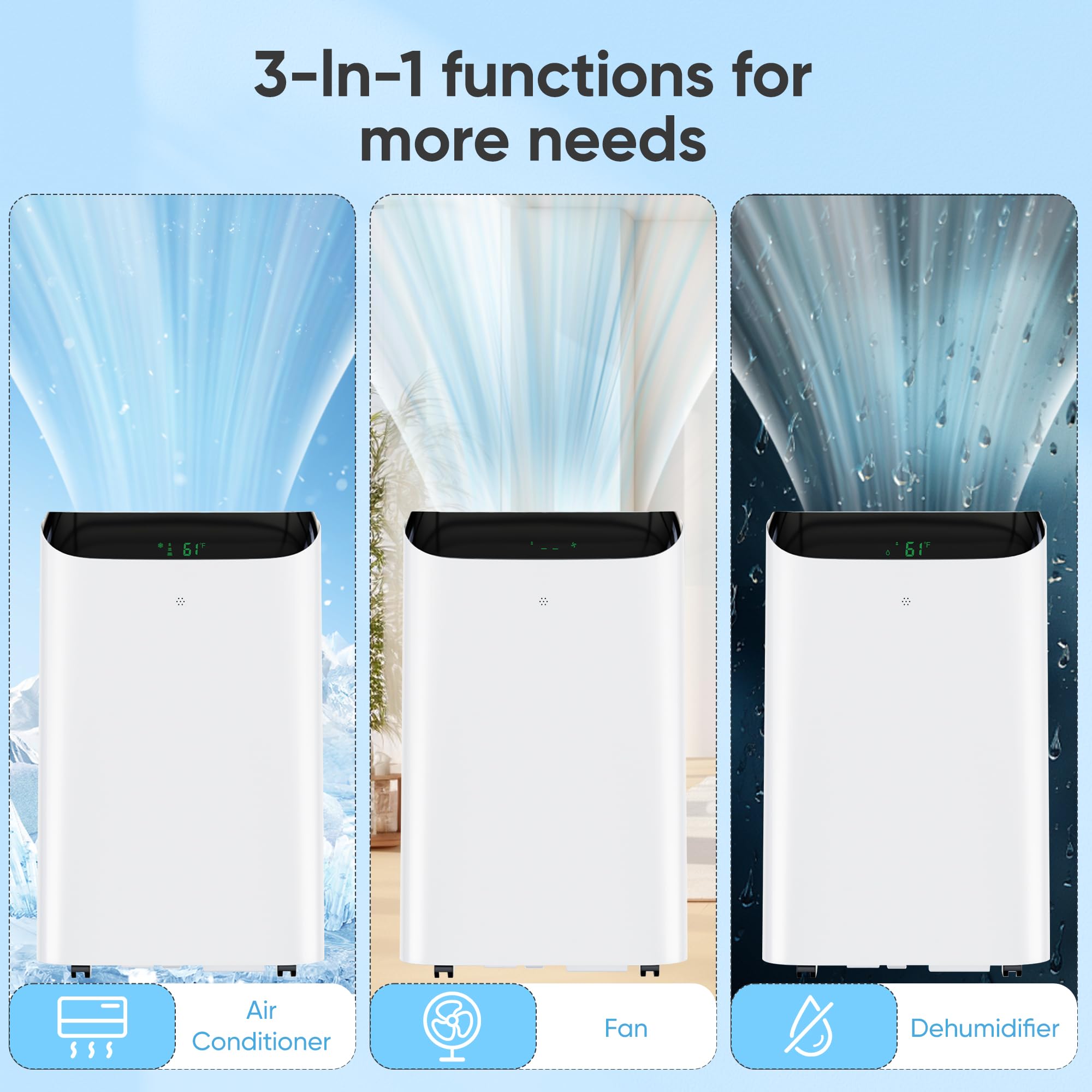 12,000 BTU Portable Air Conditioner Cools Up to 500 Sq.Ft, 3-IN-1 Energy Efficient Portable AC Unit with Remote Control & Installation Kits for Large Room, Campervan, Office, Temporary Space