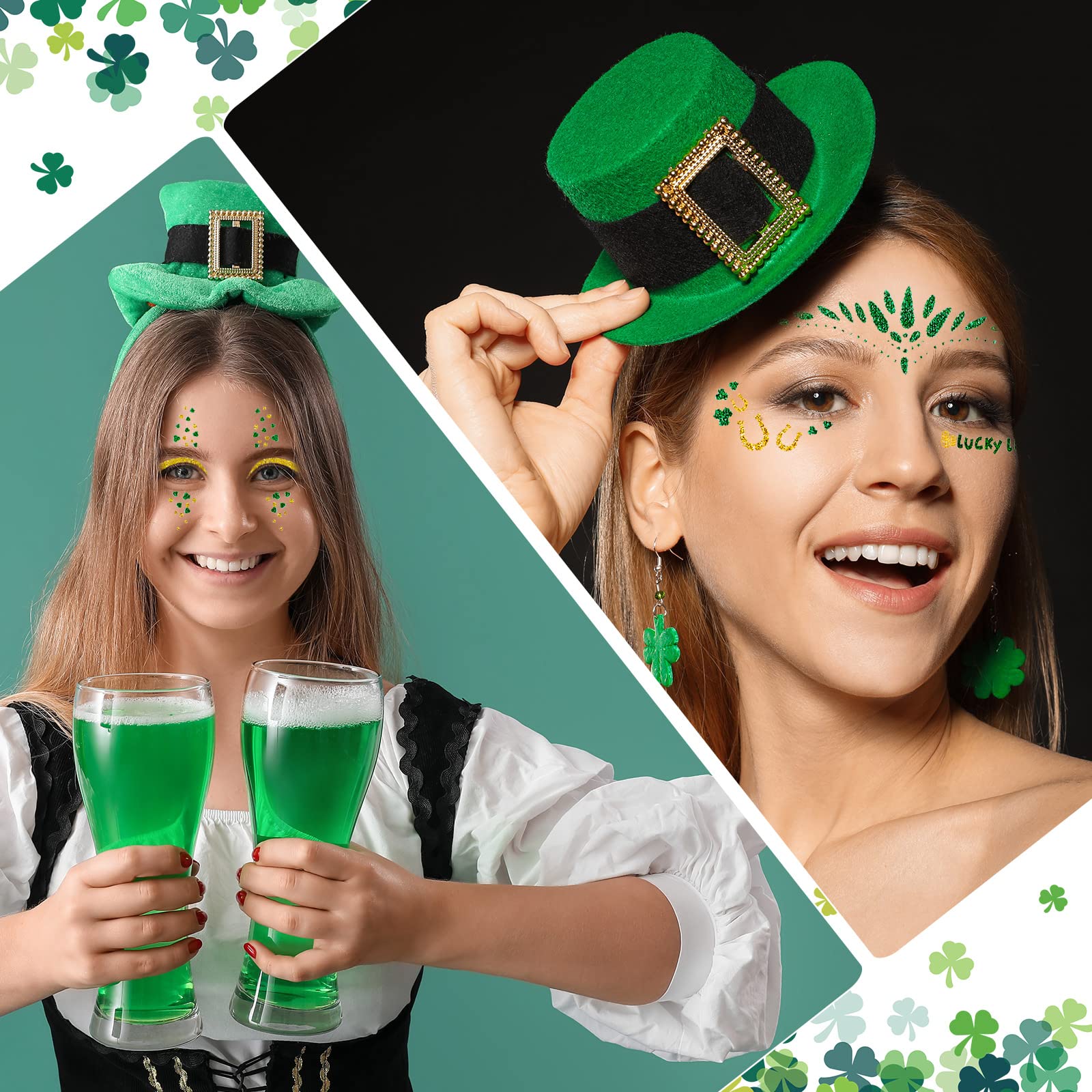 117 Pcs St. Patrick's Day Glitter Face Tattoos Green Face Jewelry Tattoos Temporary Face Jewelry Three Leaf Glitter Shamrock Clover for St. Patrick's Day Party Accessory, 33 Sheets