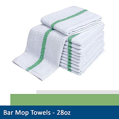 28oz Bar Mop Towels 16x19, 100% Cotton, Commercial Grade Professional Kitchen/Restaurant BarMop Towels (Green Stripe-48 Pack)