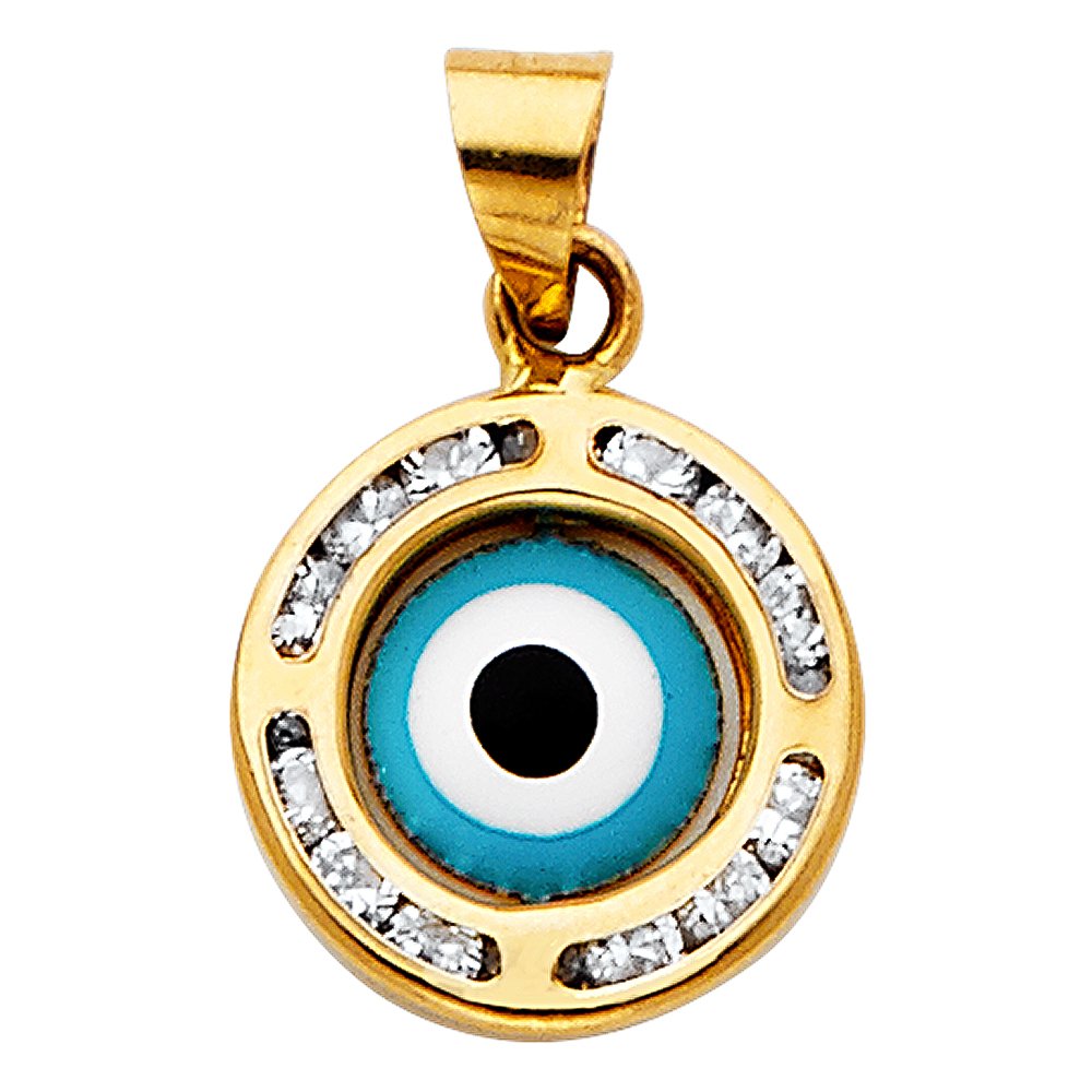 14k REAL Yellow Gold CZ Evil Eye Charm Pendant