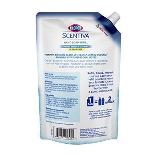 Clorox Scentiva Liquid Hand Soap Refill 34 oz Liquid Hand Wash with Vitamin B5 BleachFree Scented Hand Soap Refill for Kitchen or Bathroom, Pacific Breeze & Coconut, Aloe Vera, 1 Count