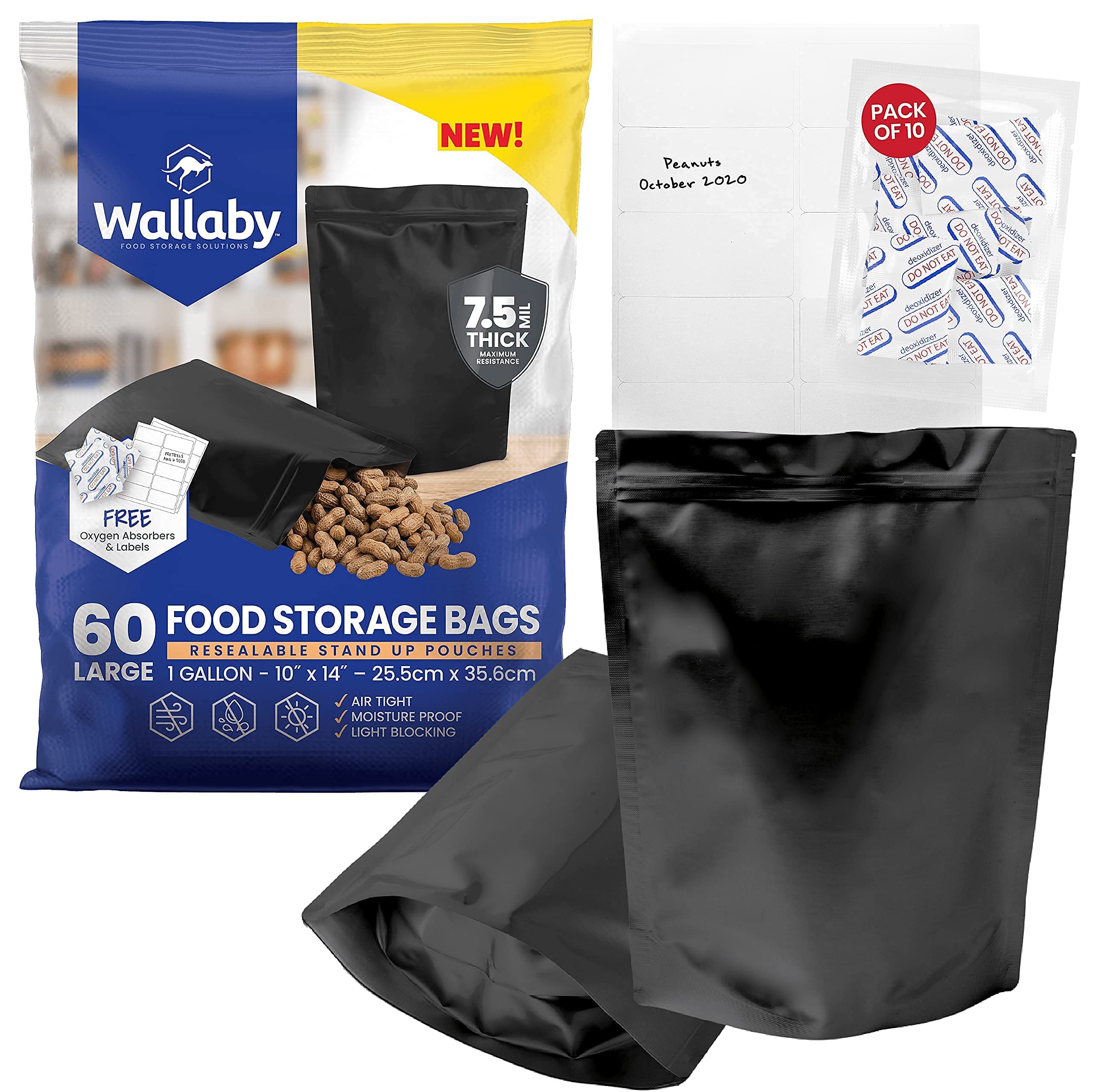 15x Silver 5 Gallon Wallaby Mylar Bag - (5 Mil) + 60 Black Mylar Bag Bundle - 1 Gallon Stand-Up Zipper Pouches - (7.5 Mil-10ββx14ββ), Oxygen Absorbers, Labels - Resealable Zipper, Heat Seal, FDA Grade