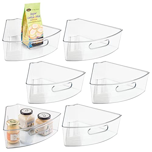 mDesign Kitchen Cabinet Plastic Lazy Susan Storage Organizer Bins with Front Handle - Large Pie-Shaped 1/6 Wedge - Ligne Collection - 6 Pack - Clear
