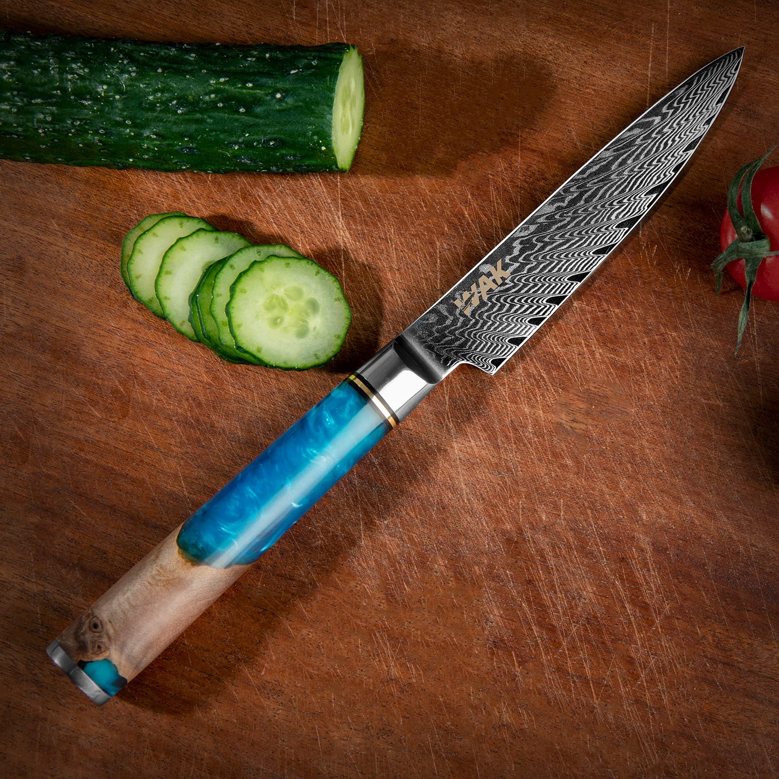 WAK Professional Sharp Kitchen Utility Knife 5 inch, High Carbon Stainless Steel Damascus Cooking Knife, Japanese Cutlery Knife with Non-stick Blade, Blue Resin Wood Ergonomic Handle