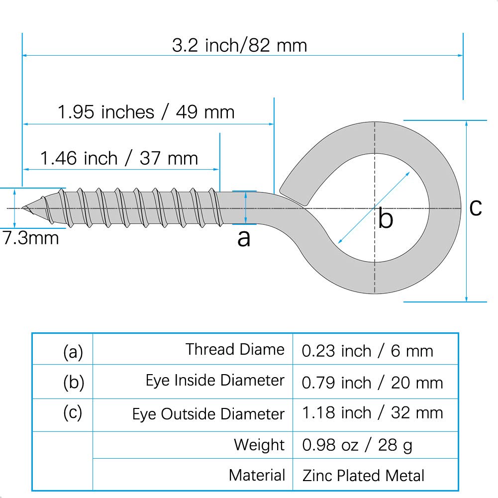 EUCARLOS 10 Pack 3.2 Inches Screw Eyes, Heavy Duty Screw in Eye Hooks for Securing Cables Wires, Self Tapping Screws Eye Bolts for Indoor & Outdoor Use