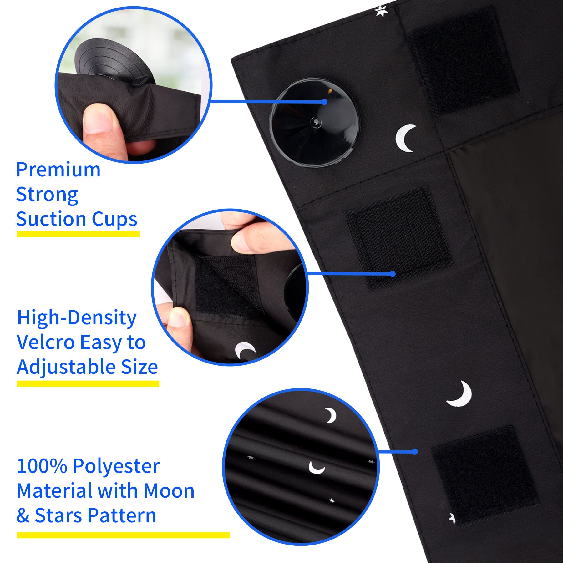 Goabroa Portable Blackout Curtains, (78"x 50") Adjustable Temporary Blackout Curtains with Suction Cups, Polyester Temporary Window Blackout Blind for Bedroom, Nursery or Dorm - Moon & Stars Pattern