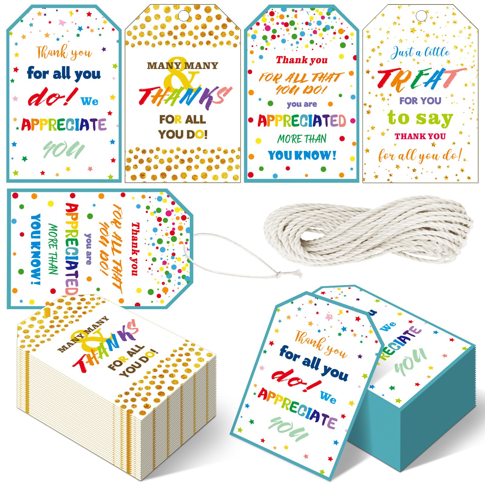 192 Pcs Thank You Gift Tags Paper Gift Tags with String Thank You Tags Party Favors Employee Appreciate Coming Tags Wrapping for Employee Christmas Birthday Party Gifts Tag Favors, 4 Styles
