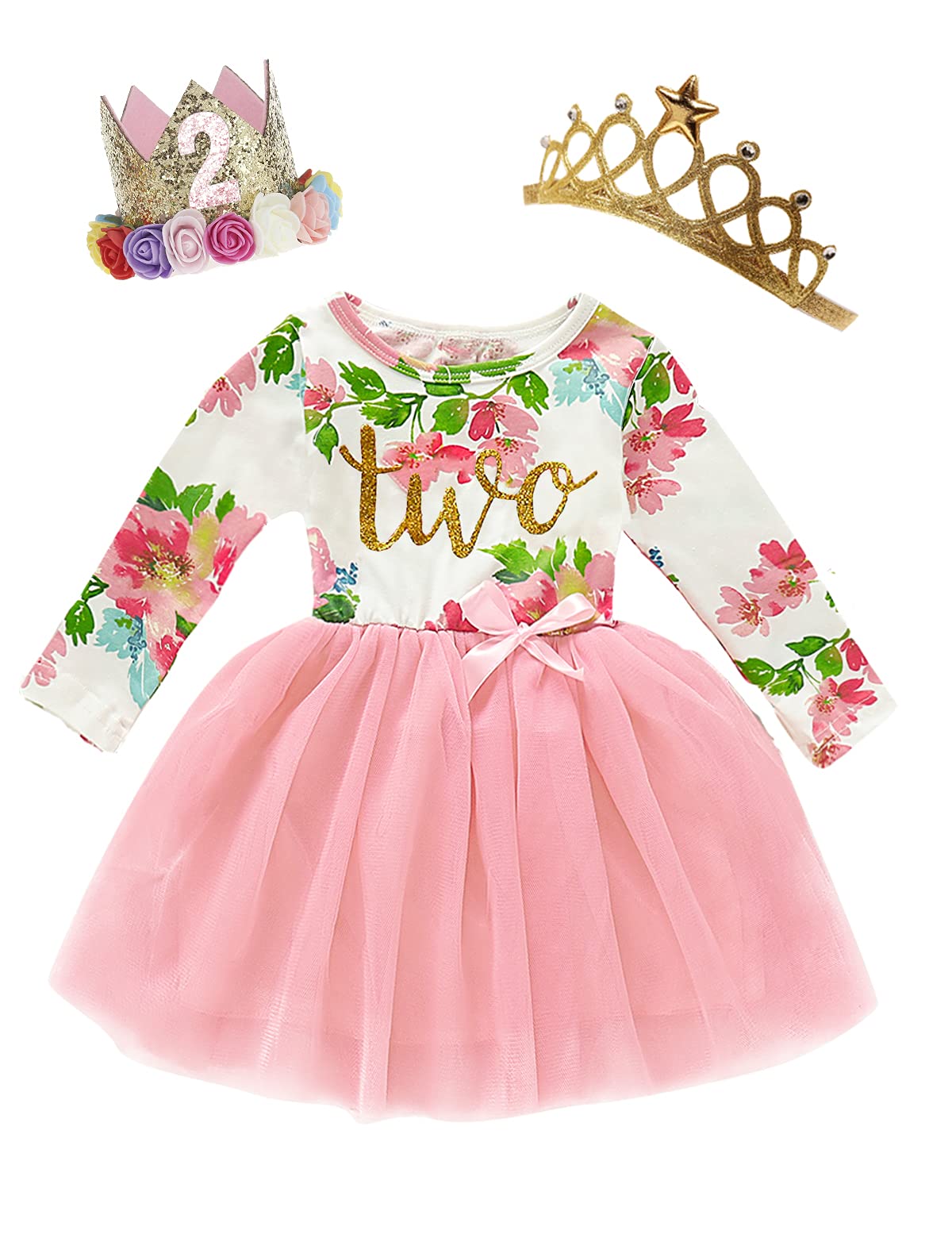 2nd Birthday Outfit Girl Two Year Old Birthday Outfit (Pink-Long Sleeve,2T)