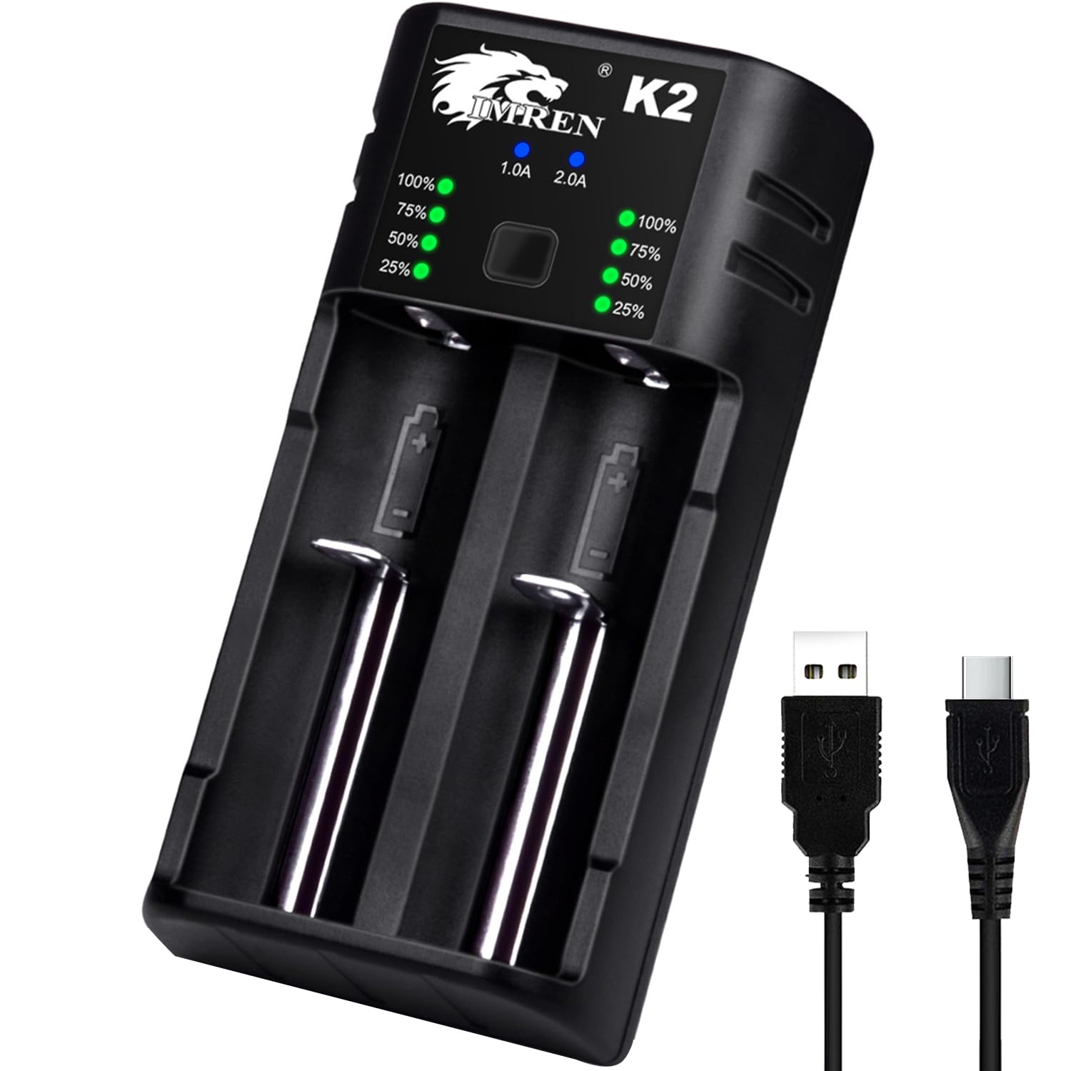 IMREN 26650 10400 Battery Charger, 3.7V Lithium ion Battery Charger for 18650 10440 14500 14650 18500 18350 18700 26650,1.2V Ni-MH/Ni-Cd Battery, 2 Bay 18650 USB C Battery Charger