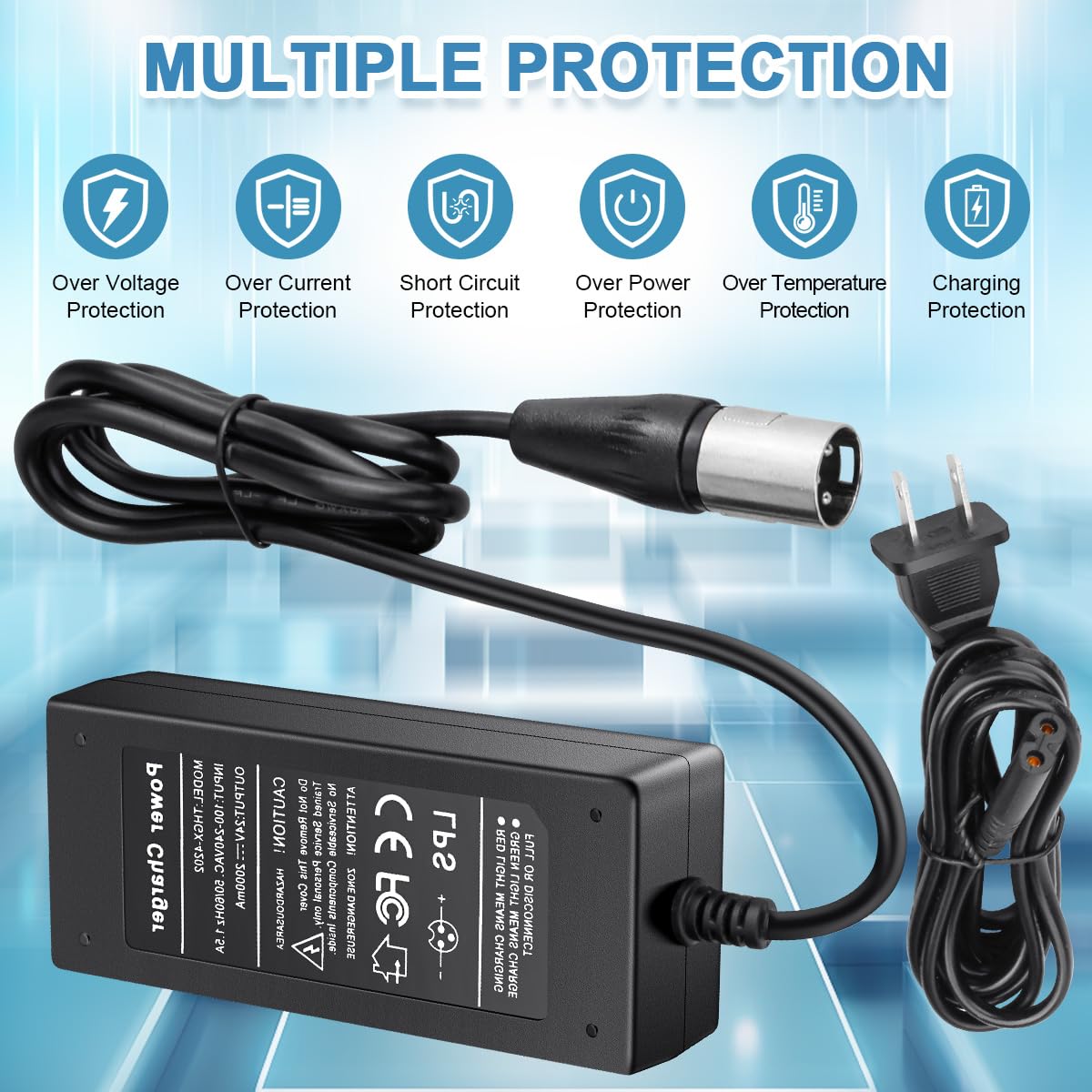 24V 2A 3-Pin XLR Electric Scooter Battery Charger for Go-Go Elite Traveller Plus HD US, Pride Mobility Scooter, Ezip Mountain Trailz, Jazzy Power Chair, 4 Wheel Mobility