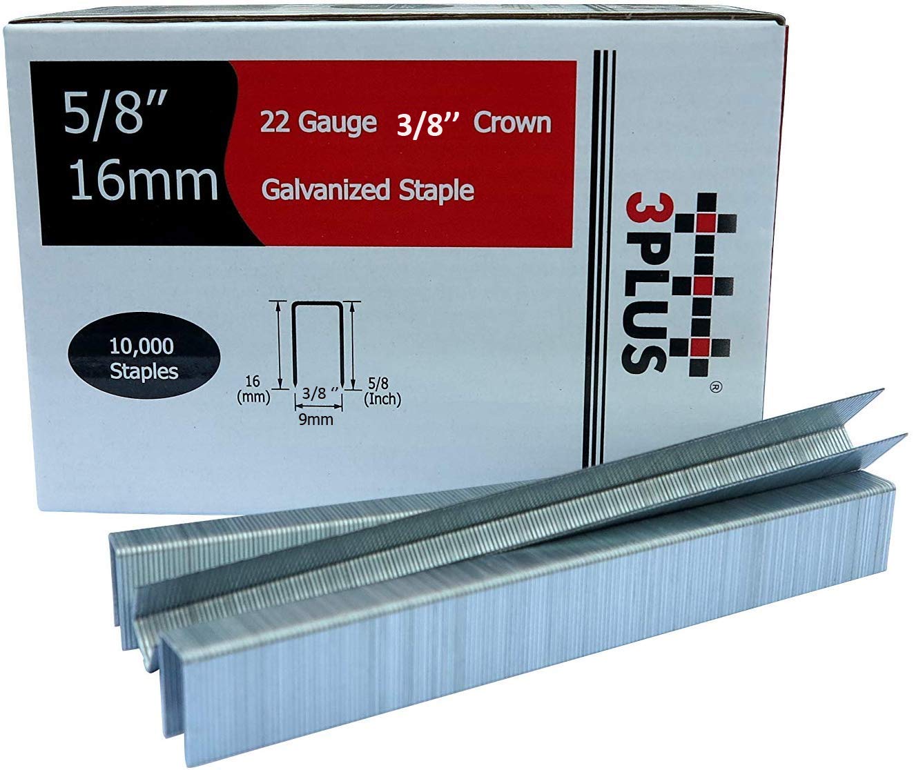 3PLUS 71/16 22 Gauge 3/8-Inch (9mm) Crown 5/8-Inch Leg Length Galvanized Fine Wire Staples, 10,000 per Box, 71 Series Staples