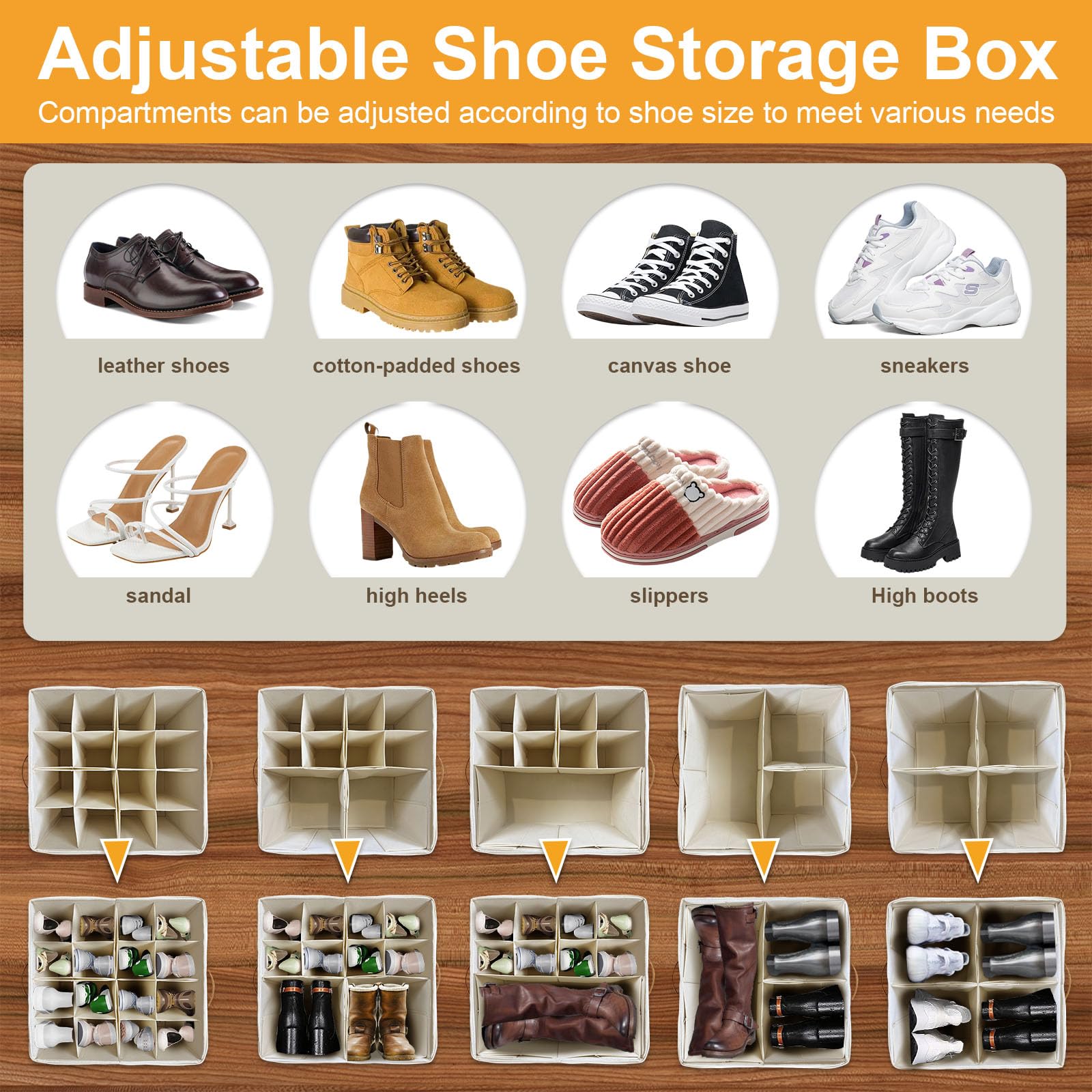 2 Pack Large Shoe Organizer for Closet, Adjustable Dividers Shoe Storage Bins Boxes, Foldable Shoe Holder Cube Containers with Clear Cover for Men’s shoes, High heel,Sneaker,Slippers,Boots(Beige).