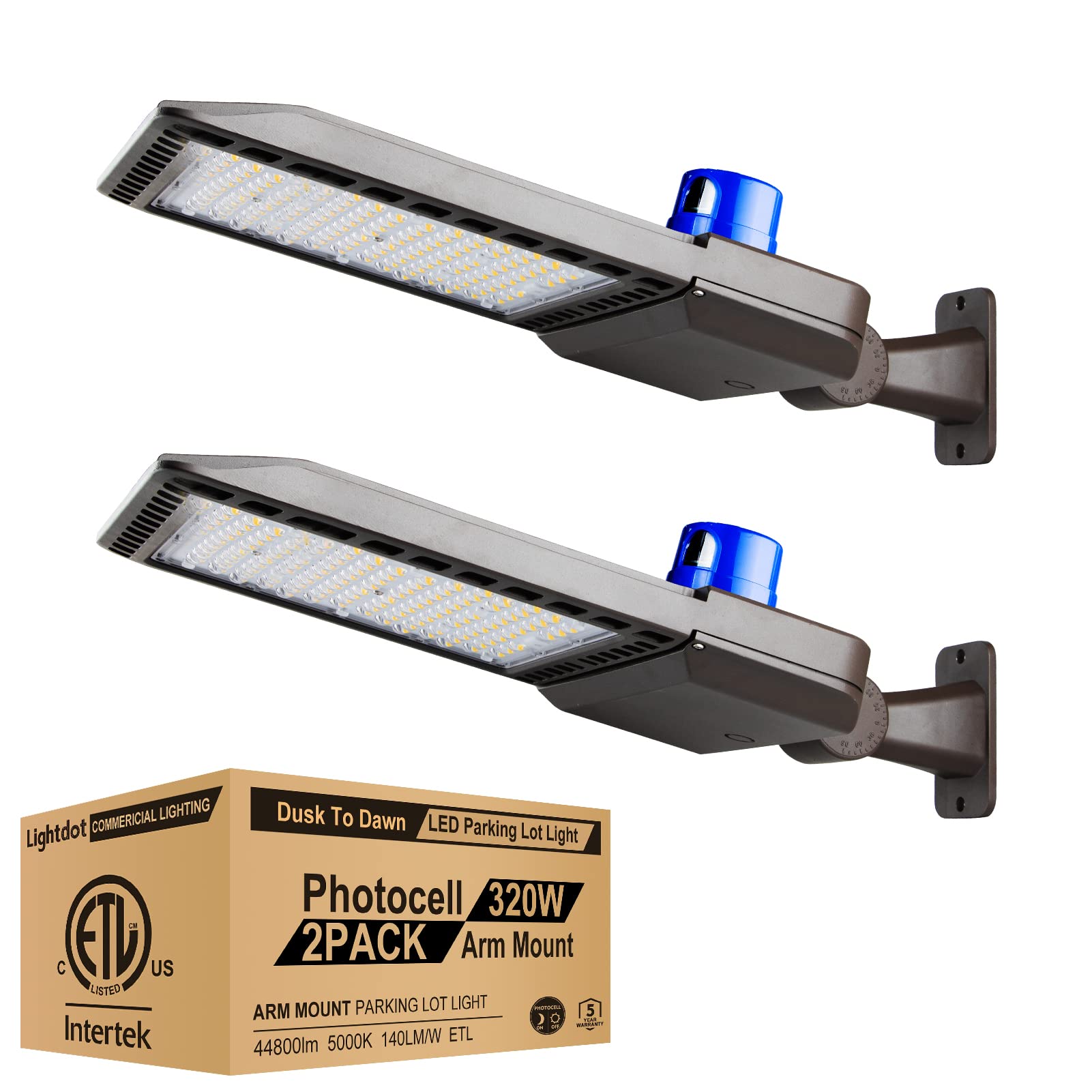 2Pack 320W LED Parking Lot Lights 44800lm (Eqv.1200W MH/HPS) 5000K Daylight Led Parking Lot Lighting with Photocell,Arm Mount, IP65 Outdoor Area Light Energy Saving Upto 2400KW*2/Y(5Hrs/Day)