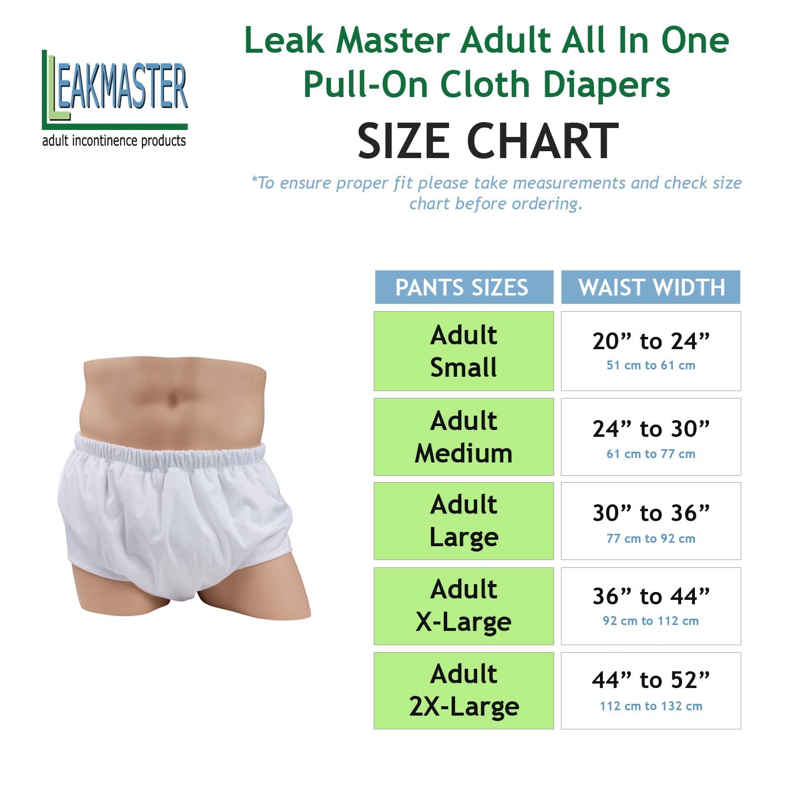 Adult All in One Pull-On Cloth Diaper by LeakMaster - Sewn-On Waterproof Outer Layer. 8 Total Interior Layers of Absorbency. Secure Incontinence Protection. (2X-Large 44-52-Inch Waist)