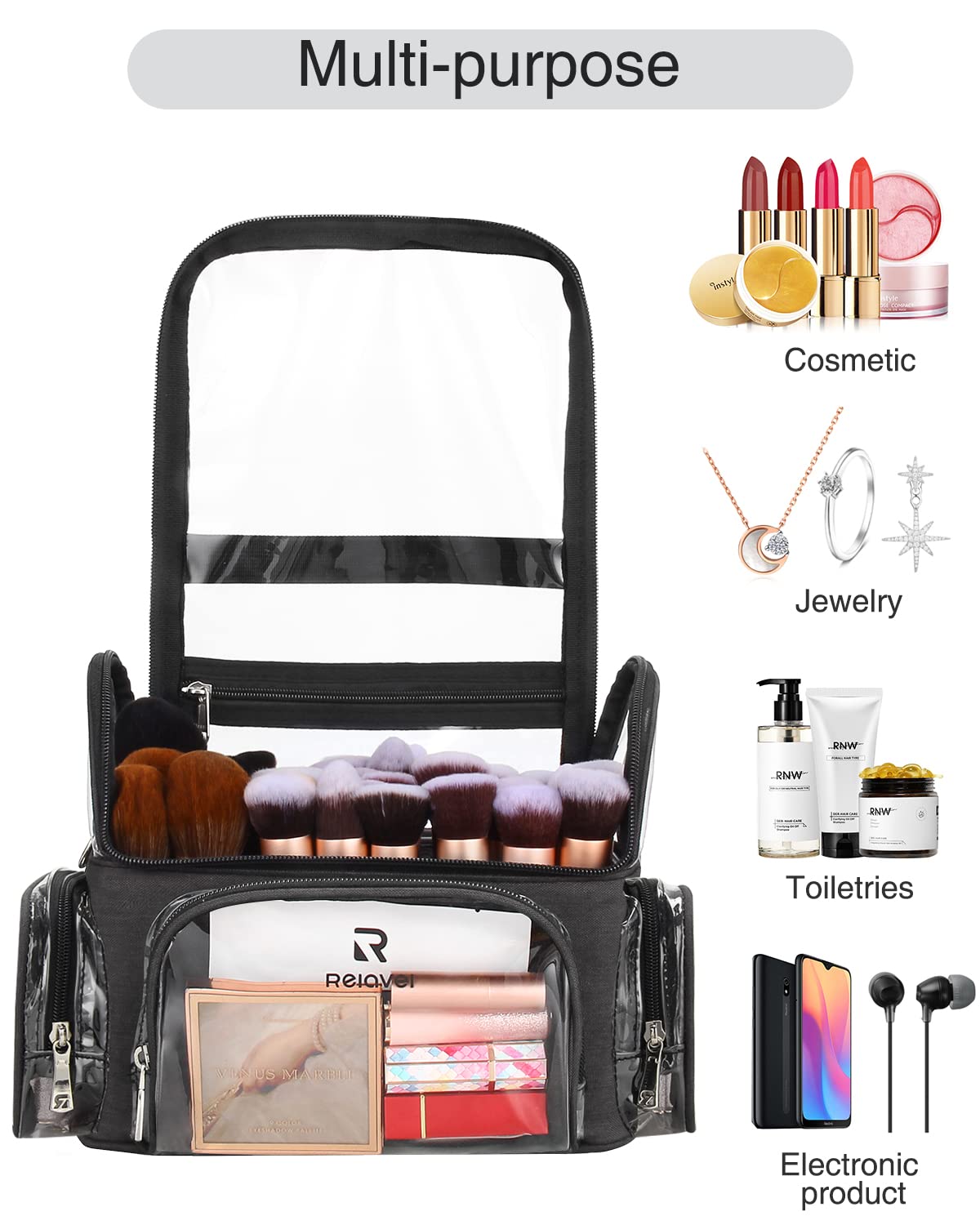 NAONAYA Makeup Brush Case, Large Makeup Brush Holder Professional Makeup Artist Travel Case Clear Waterproof Cosmetic Organizer Bag, Full Open Easy to Access, with Adjustable Strap and Dividers