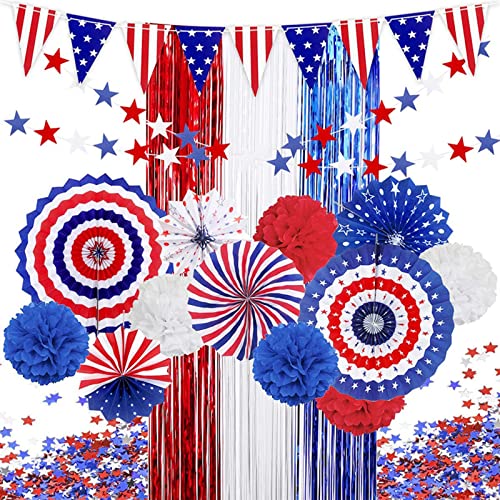 4th of July Party Decorations, Star Streamer, Independence Day American Flag Hanging Paper Fans, Foil Fringe Curtain, Pompoms Flowers Balloons for Patriotic Party Decorations Set