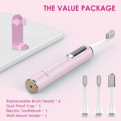 Adults Sonic Electric Toothbrush, Rechargeable Electric Toothbrush for Man Women, Couples Toothbrush with LED Mode Indicator, 30s Reminder, 2 Mins Timer, 5 Modes, 4 Brush Heads, Wall-Mount Holder