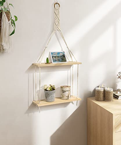 Afuly Macrame Hanging Shelves Wall Floating Shelf Natural Wood Chic Boho Decor 2 Tiers Pine Wood Cotton Rope Beige for Bedroom Bathroom Living Room Decor Ready to Hang, Beige