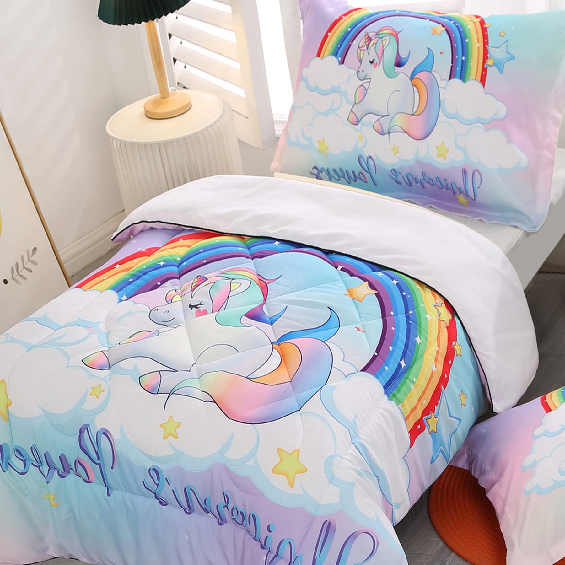 KINBEDY Unicorn Toddler Bedding Set Rainbow Soft Breathable Polyester Nursery Comforter with 2 Pillowcases for Baby Girls and Boys,Lavender