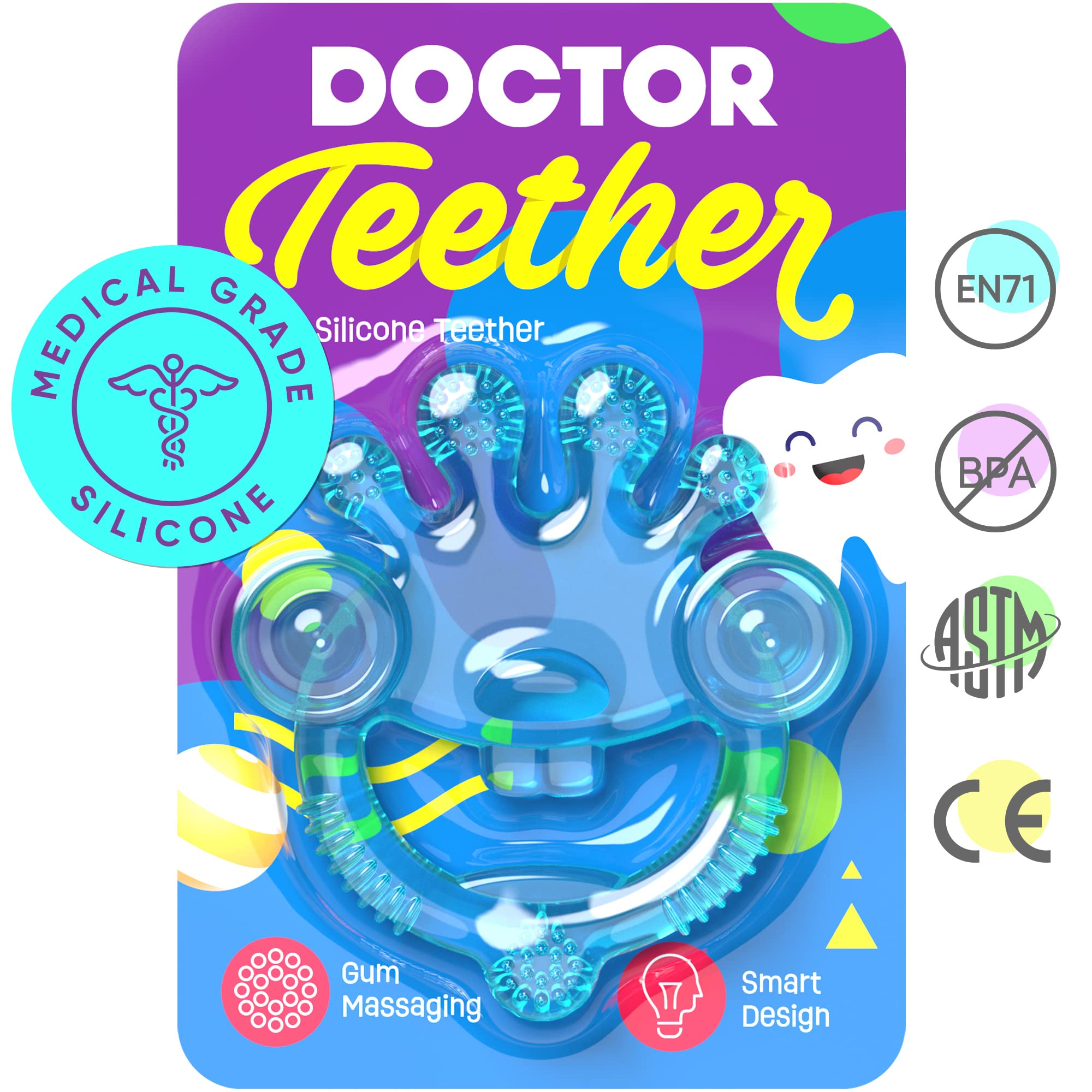 Funny Baby Teether for Boys and Girls. Odorless Medical Grade Non-Toxic Smiley Silicone Teether. BPA Free (Aqua Blue)