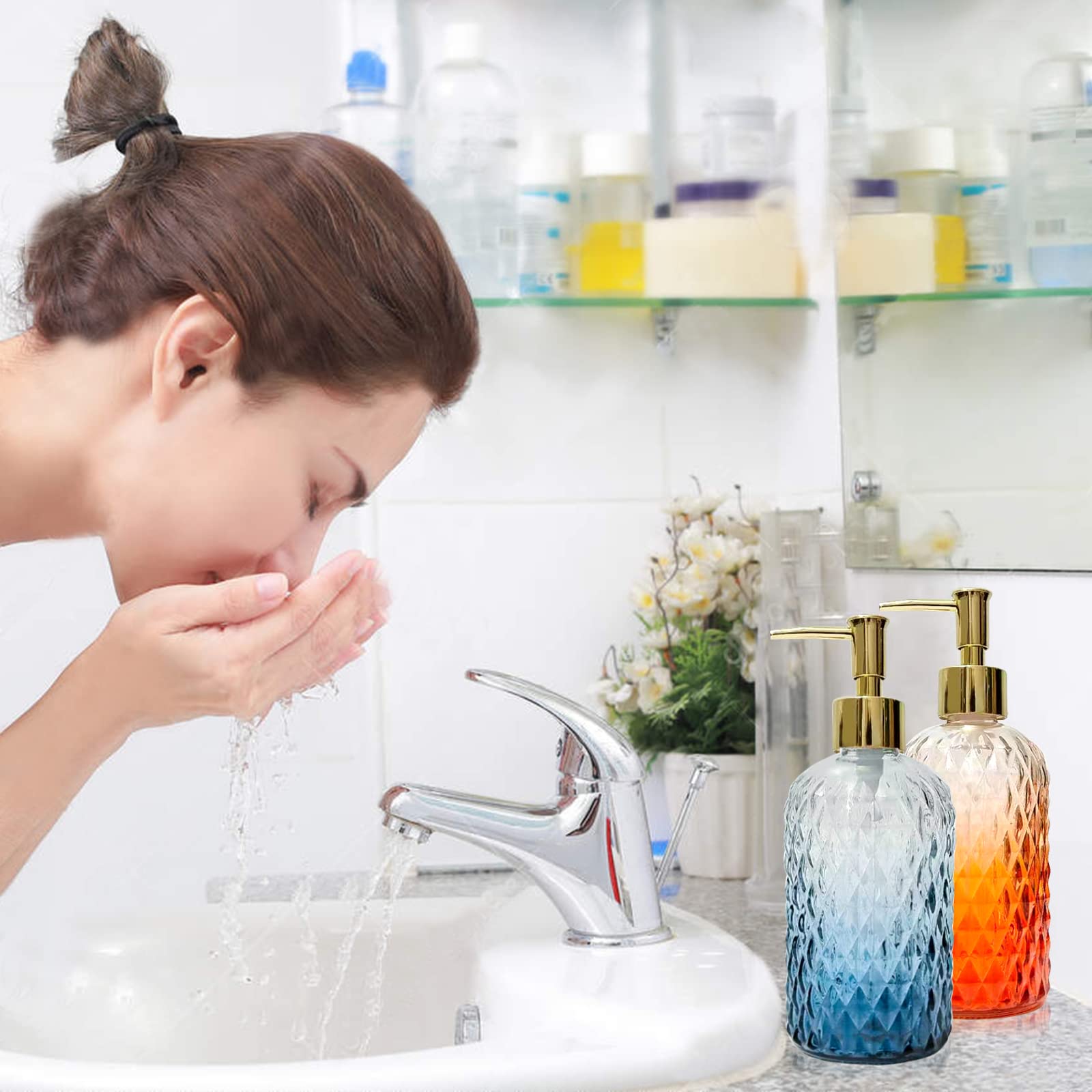 13oz Glass Soap Dispenser, Diamond Shaped Embossed Refill Hand Soap Clear Glass Bottle with Pump for Essential Oils, Liquid Soap, Detergent, Lotion (Transparent+Blue)
