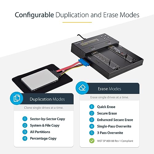 StarTech.com Standalone Dual Bay M.2 SATA/NVMe Duplicator/Eraser, HDD/SSD Cloner/Wiper for M.2 PCIe AHCI/NVMe, M.2 SATA, 2.5/3.5in Drives, Hard Drive Sanitizer/Copier, TAA (SM2DUPE11),Black