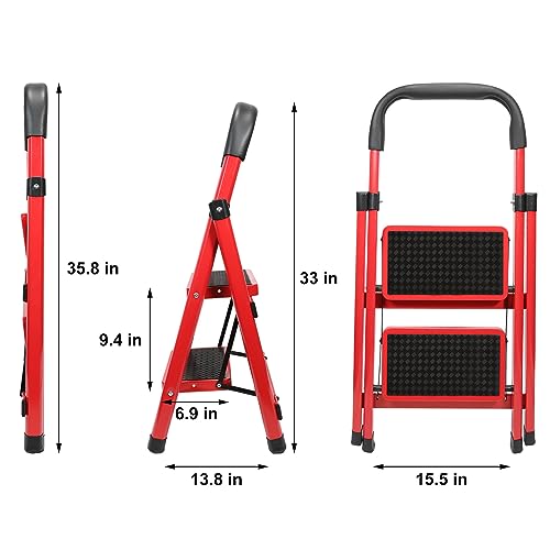 2 Step Ladder,Folding Step Stool with Handgrip and Anti-Slip Wide Pedal,Lightweight and Sturdy,Ideal for Home Kitchen Office Use.