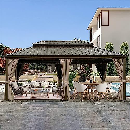 12'x18' Hardtop Gazebo, Outdoor Aluminum Frame Canopy with Galvanized Steel Double Roof, Outdoor Permanent Metal Pavilion with Curtains and Netting for Patio, Backyard and Lawn(Brown)