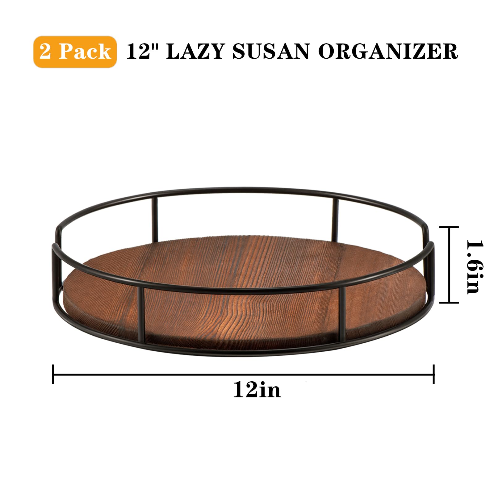 2 Pack of 12 Inch Lazy Susan Organizer - Non-Skid Wood Turntable Organizer for Cabinet, Pantry, Kitchen Countertop, Refrigerator, Spice Rack