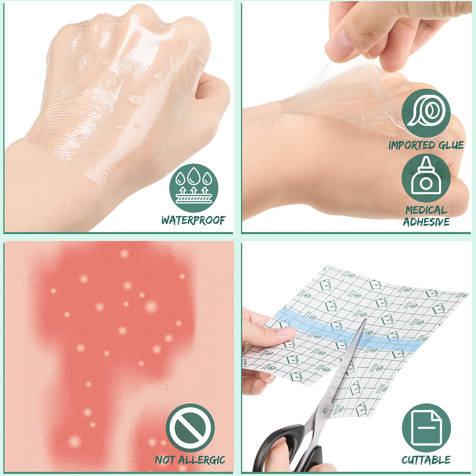 BBTO 100 Pieces Transparent Stretch Adhesive Bandage Waterproof Clear Protective Shower Patch Film Cover Bandages Tattoo Cover up Adhesive Wrap, 4 Sizes(3, 4, 6, 8 Inch)