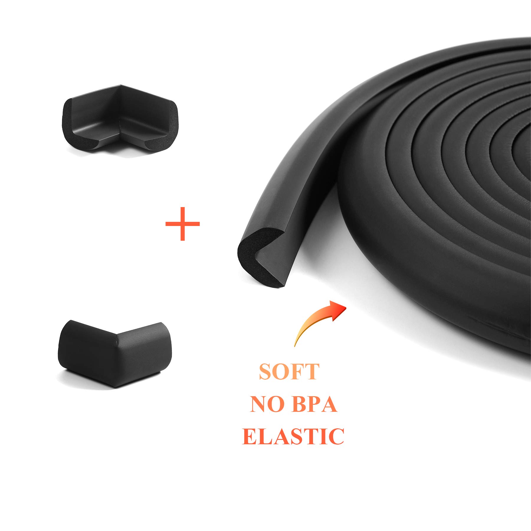 Furnigear Edge and Corner Guard, Foam Safety Bumpers, Baby Proofing Safety Table Corner Protectors, (16.4 Ft Edge + 4 Corners), Black, Self-Stick