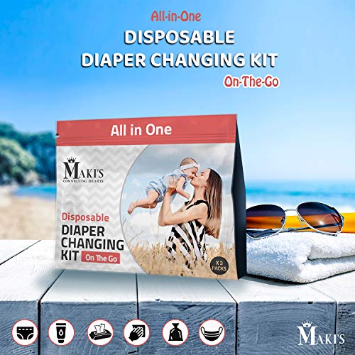 Maki's Disposable Diaper Changing Kit to Go | Contains 3 Individual Packs | Perfect for Travel | Portable Baby Changing Essentials (Size 3)