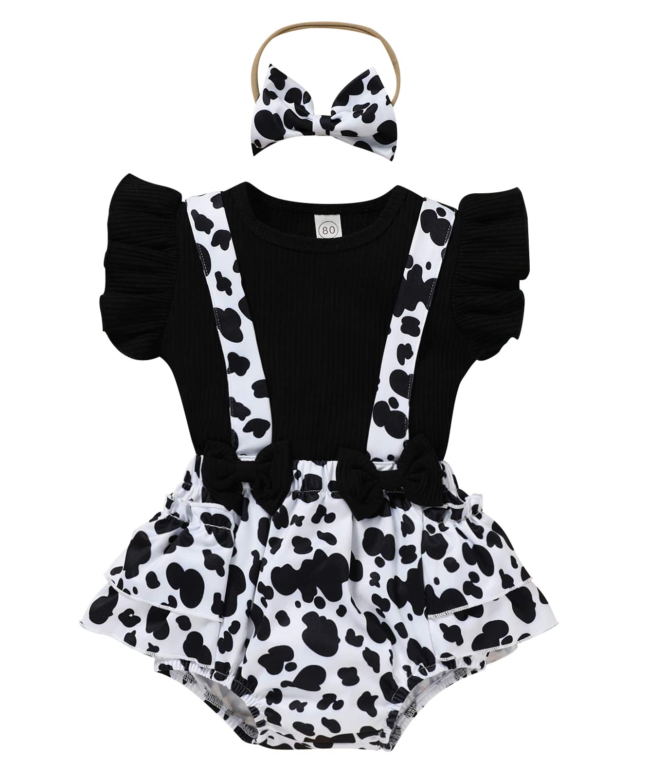 ZOELNIC Baby Girls Summer Clothes Knit Short Sleeve Top Bowknot Suspender Cows Print Ruffle Bloomer Headband Outfit Sets (Black, 6-12 Months)