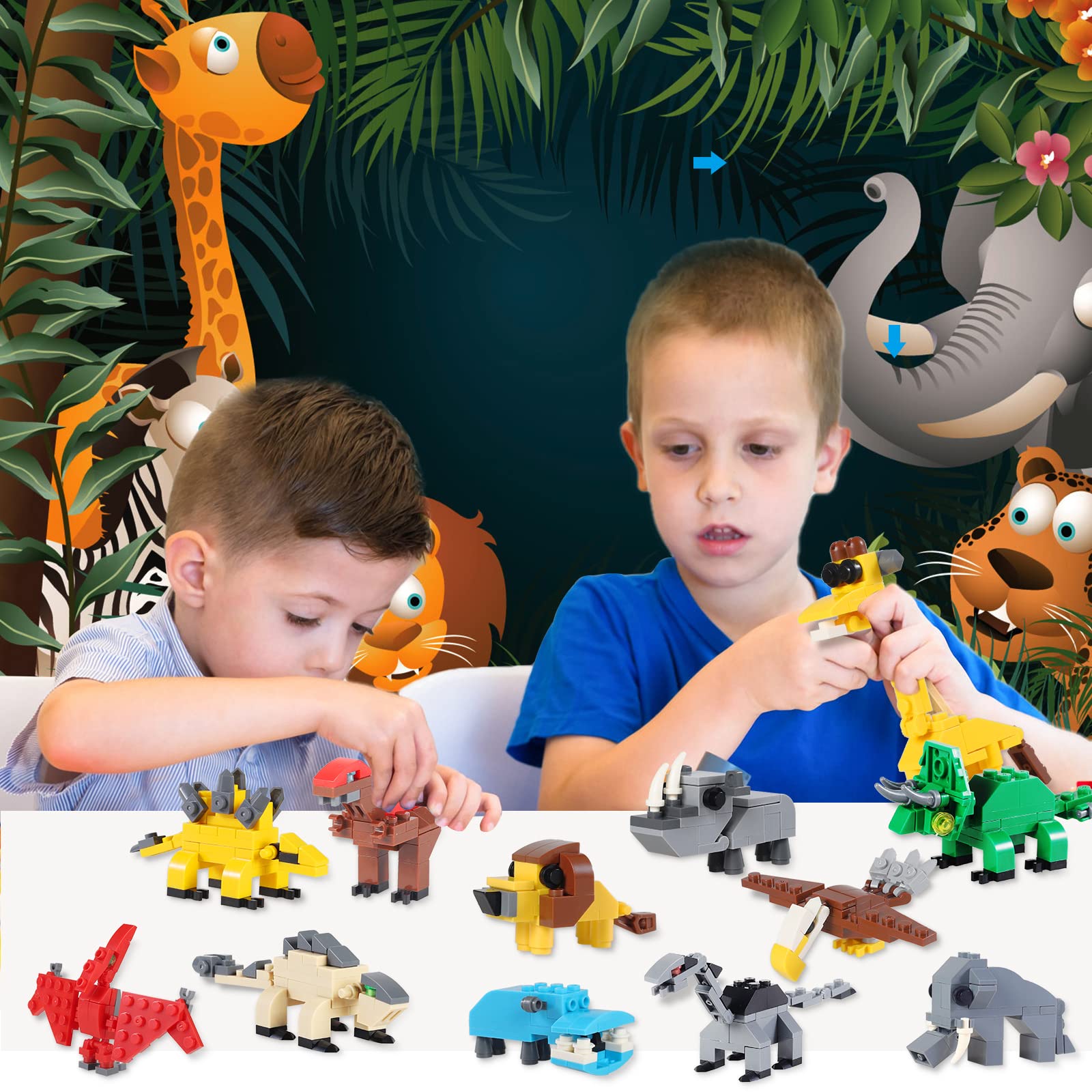 12 Pcs Pre Filled Easter Eggs with Jungle Animals Dinosaurs Building Blocks, 3.25" Eggs for Easter Basket Stuffers, Easter Party Favors, Easter Egg Hunt, Classroom Events, Science STEM Gift