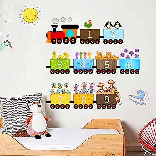 Colorful 9 Number Wall Decals, Creative Figures Sitting in The Train Wall Stickers, Interesting Early Education Digitals Wallpaper, Removable DIY Art Mural for Kids Bedroom, Nursery, Classroom