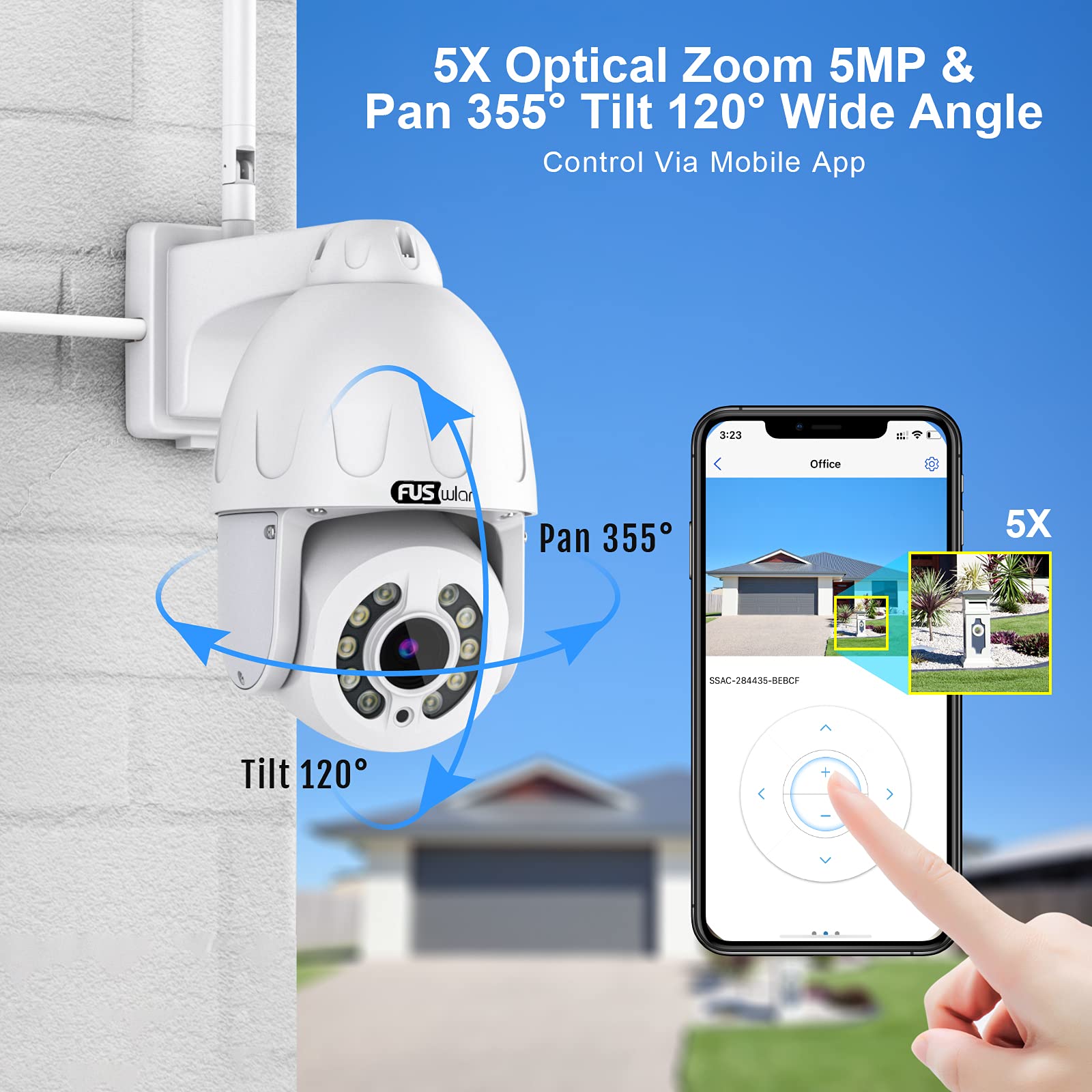 FUSWLAN 5MP PTZ Security Camera Outdoor, 5X Optical Zoom WiFi Cameras with Auto Tracking, Floodlight Full-Color Night Vision, Pan Tilt IP Camera, Humanoid Detection, Two-Way Audio, SD Card Storage
