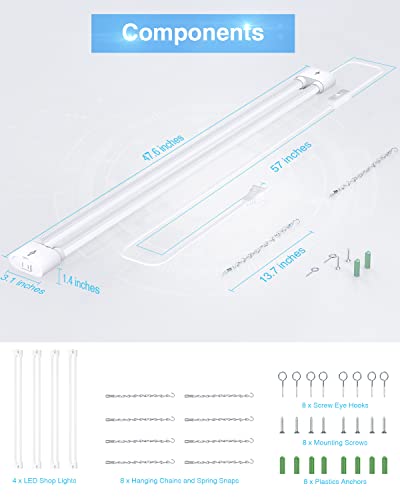 Ensenior 4 Pack Linkable Led Shop Light 4ft for Garage, 4400 High Lumens, 36W Equivalent 280W, 5000K Daylight, 48 Inch Utility Shop led Lights, Surface or Hanging Mount Fixtures, White, ETL Certified
