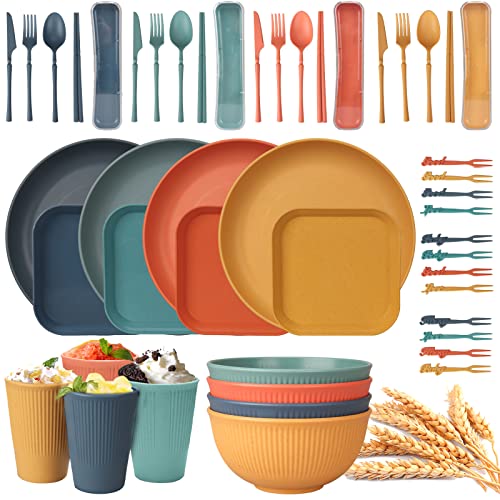 48 Pcs Wheat Straw Dinnerware Sets, Unbreakable Plates and Bowls Sets, Reusable Dinnerware Sets for 4 People, Travel Camping Picnic Home Party Cutlery Set, Dishwasher Microwave Safe Dishes