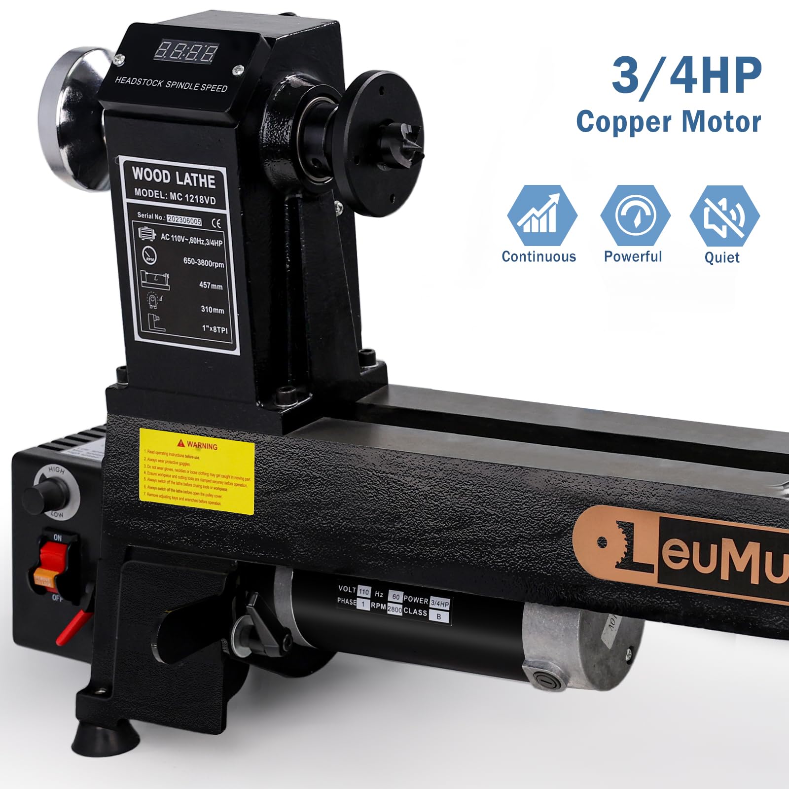 12"X18" Wood Lathe Machine Infinitely Variable Speed 3/4HP Benchtop Wood Lathe 650-3800 RPM With Digital Speed Indicator Solid Heavy Cast Iron Lathe Machine